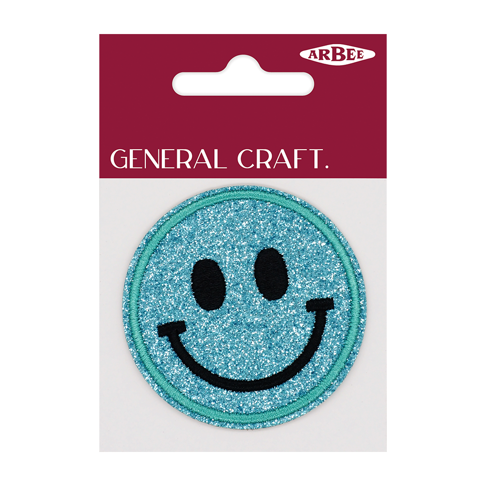 Arbee Crafty Patch, Smiley Face Glitter Aqua- 60mm 1pc – Lincraft New Zealand